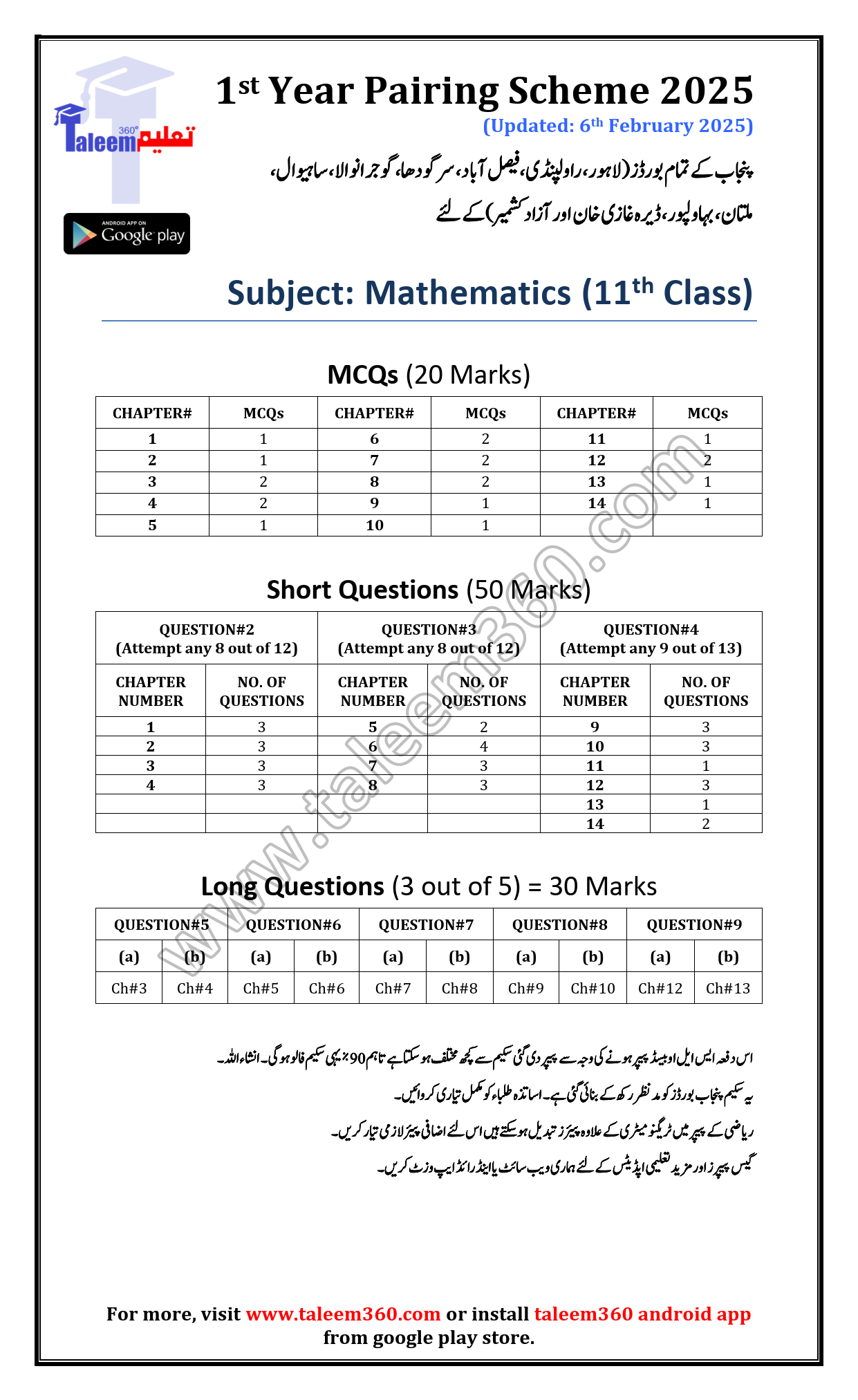 11th Class Maths Pairing Scheme 2025 | Punjab Boards - Ustad360