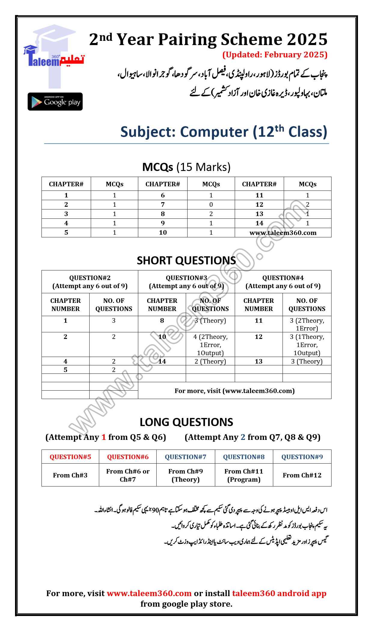 12th Class Computer Science Pairing Scheme 2025 PDF - Punjab - Ustad360