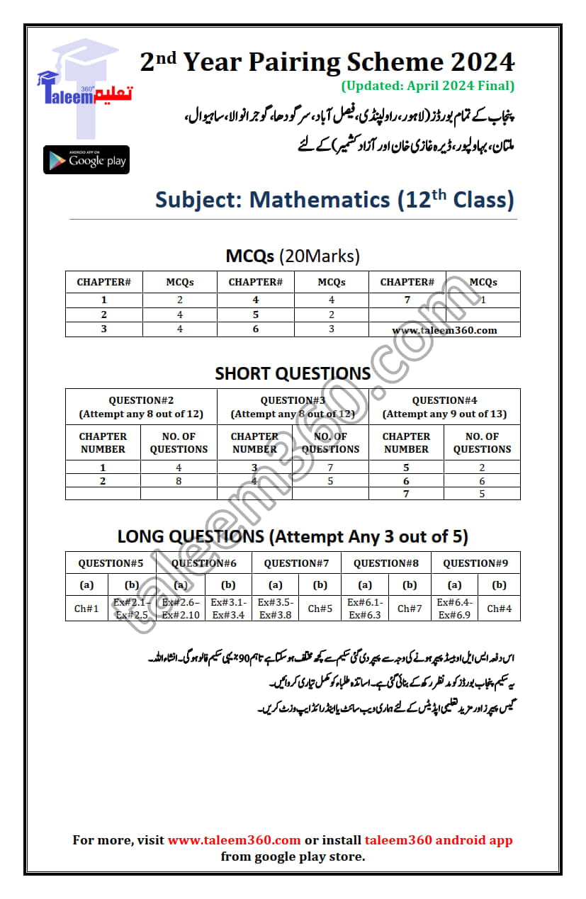 12th Class Maths Pairing Scheme 2024 Punjab Boards - Ustad360