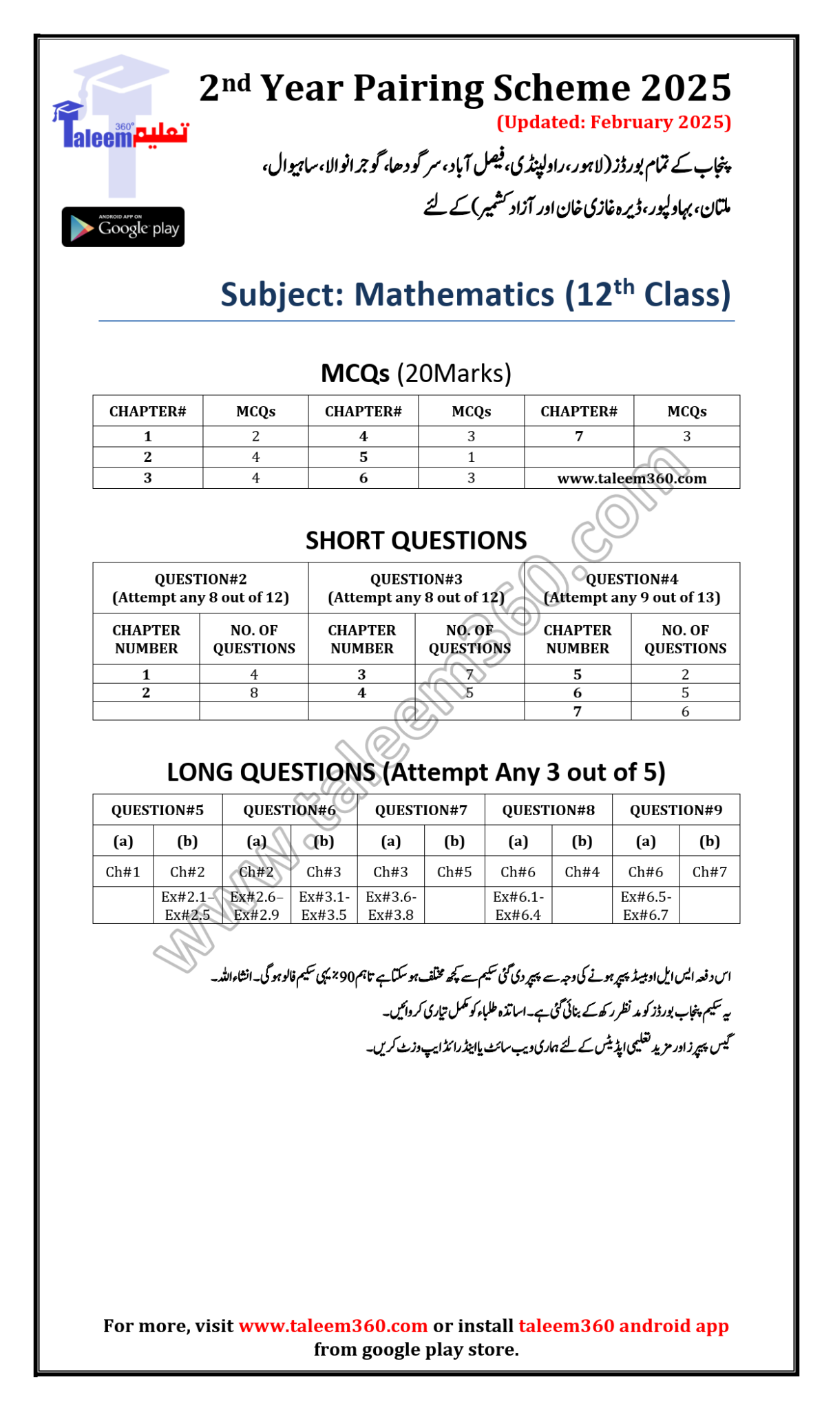 12th Class Maths Pairing Scheme 2025 for All Punjab Boards - Ustad360
