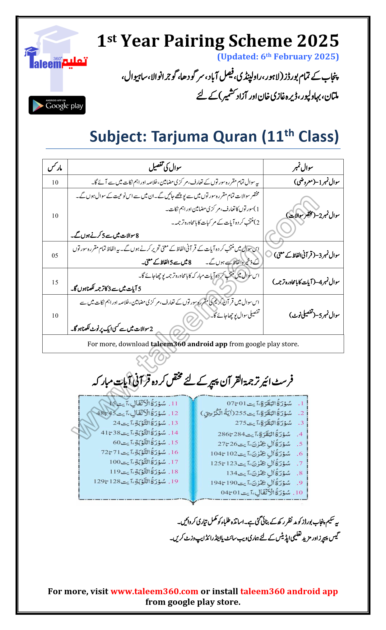 11th Class Tarjuma Tul Quran Pairing Scheme 2026 Pdf Ustad360