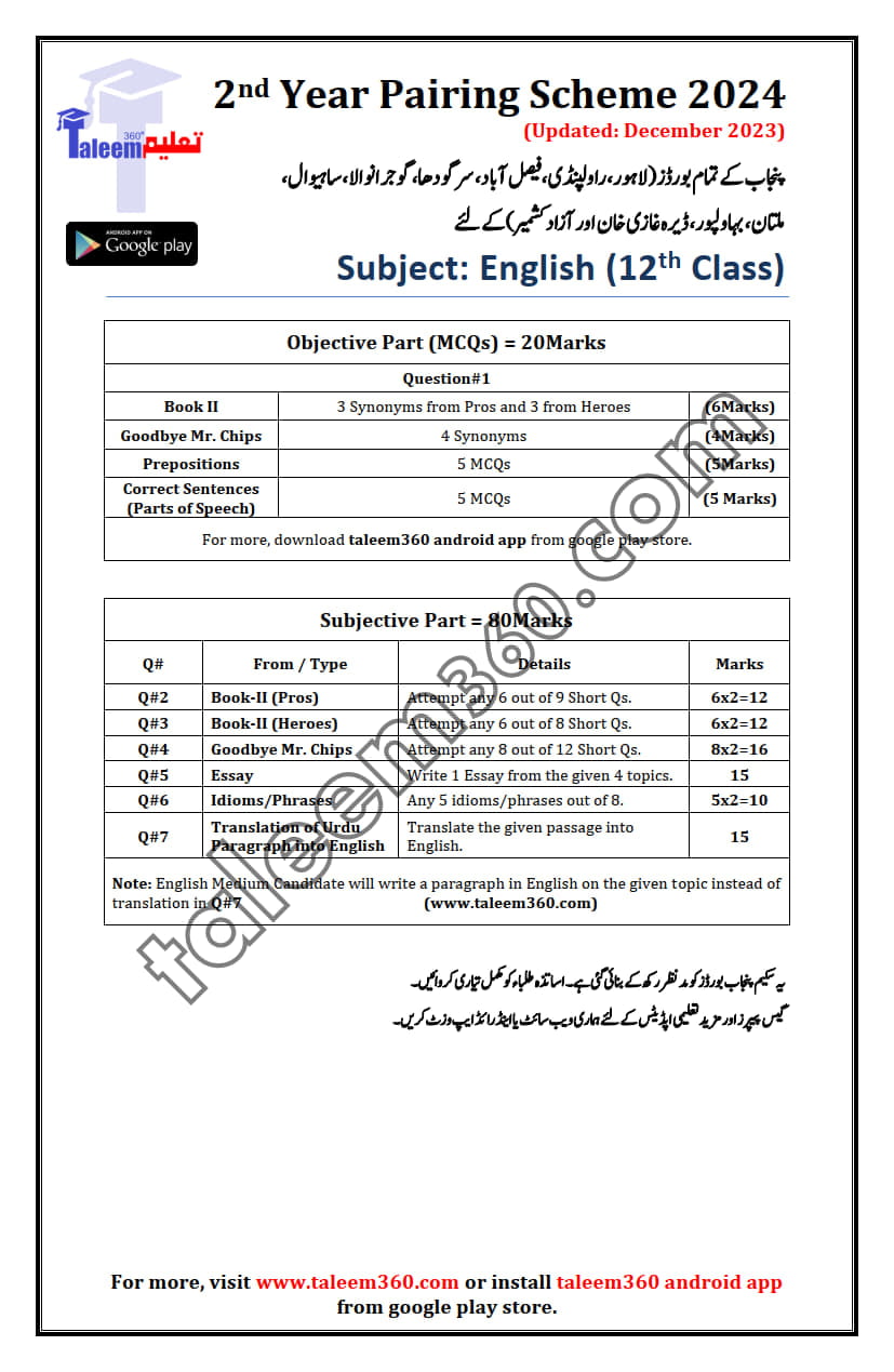 12th Class English Pairing Scheme 2024 Punjab - Ustad360